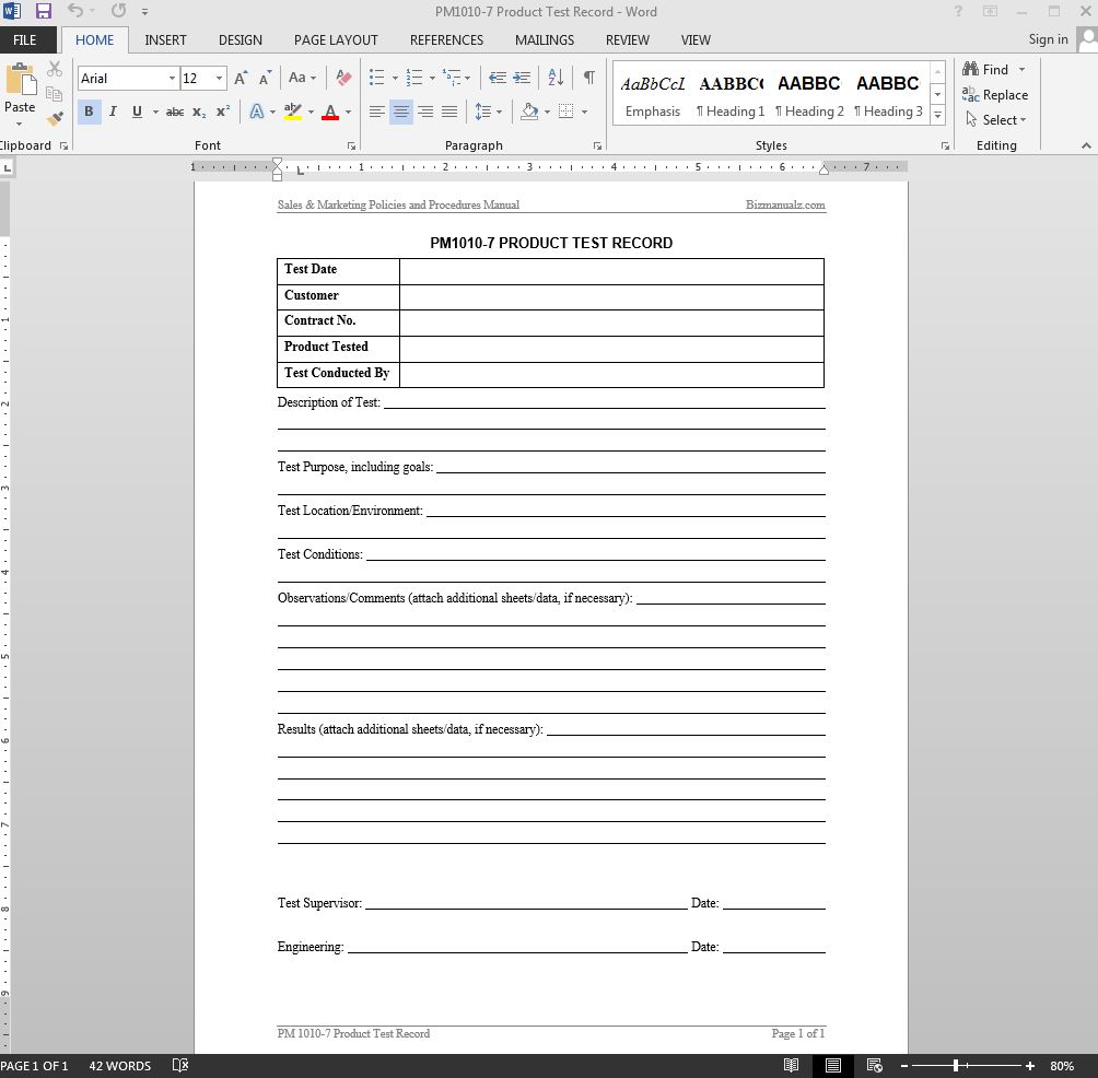 Product Test Record Template Word Product Test Record Template Word