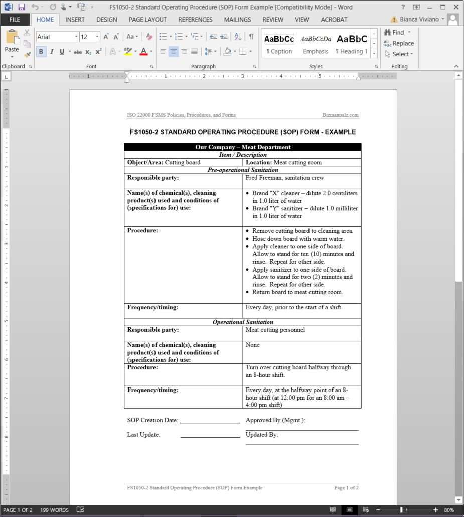 FSMS Standard Operating Procedure Sop Form Template FSMS Standard Operating Procedure Sop Form Template