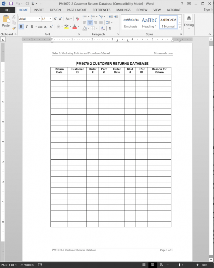 Customer Returns Database Template Word